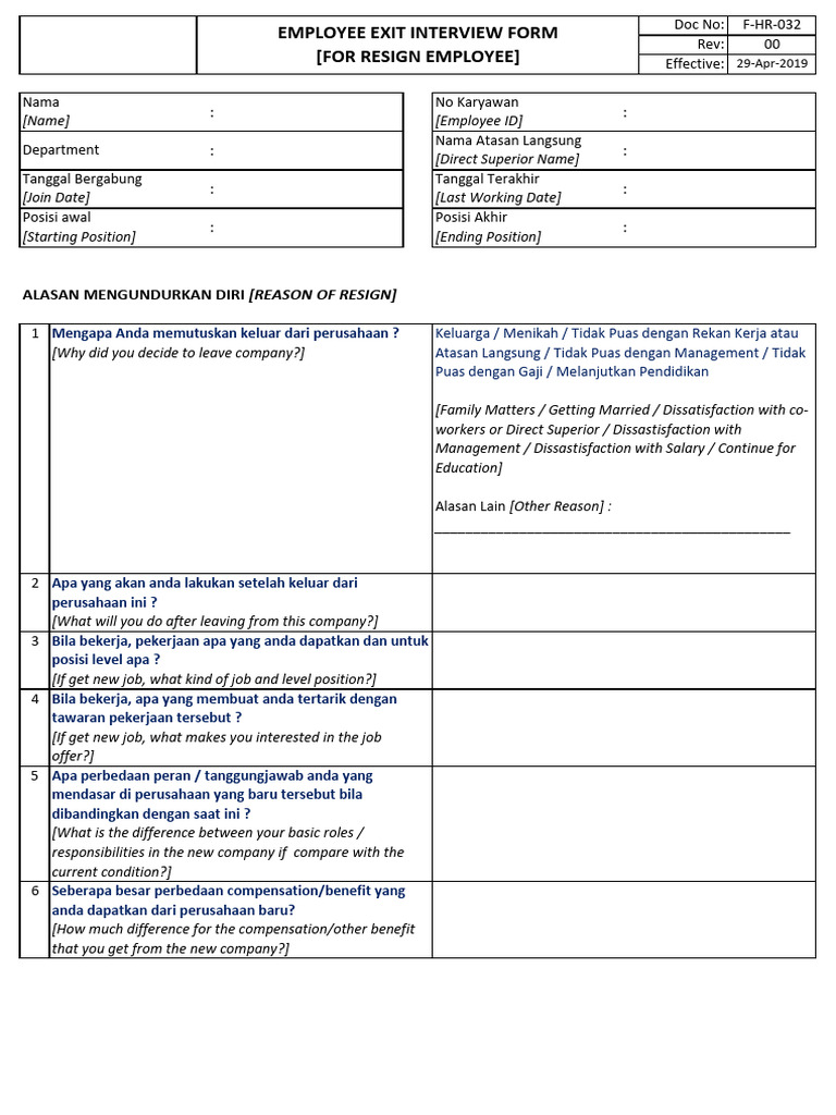 Contoh Employee Exit Interview Form | PDF