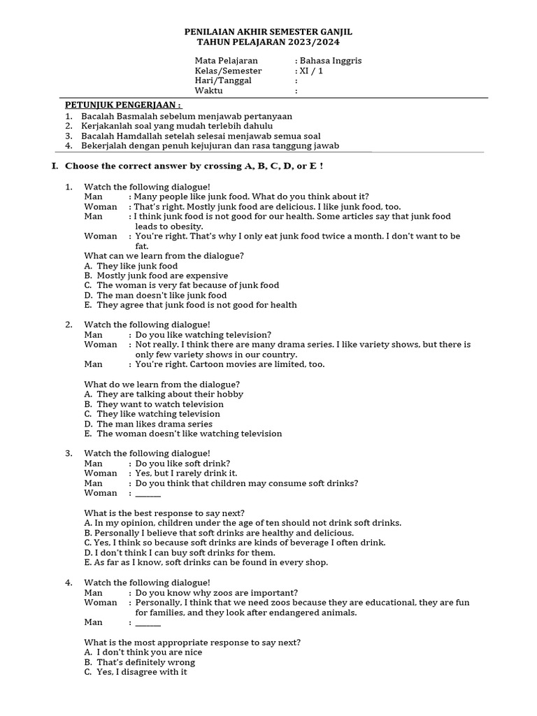 2 Soal Bing Xi Pas Gasal 2023 2024 | PDF | Vegetarianism | Tobacco Smoking