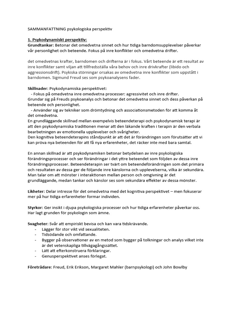 SAMMANFATTNING Psykologiska Perspektiv | PDF