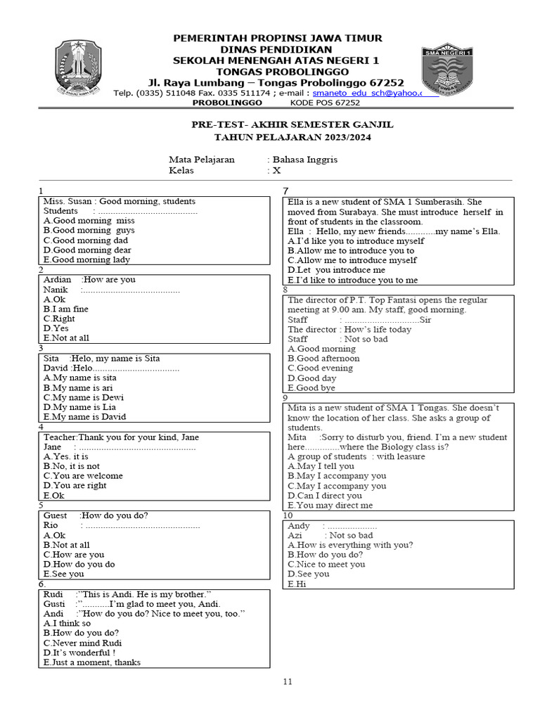 Pre Test Bhs-Inggris Kls X | PDF