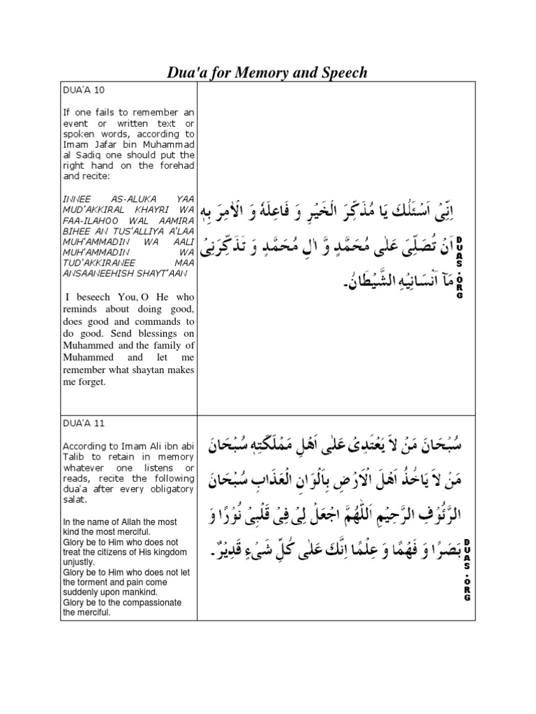 Dua'a For Memory and Speech | PDF | Islamic Behaviour And Experience ...