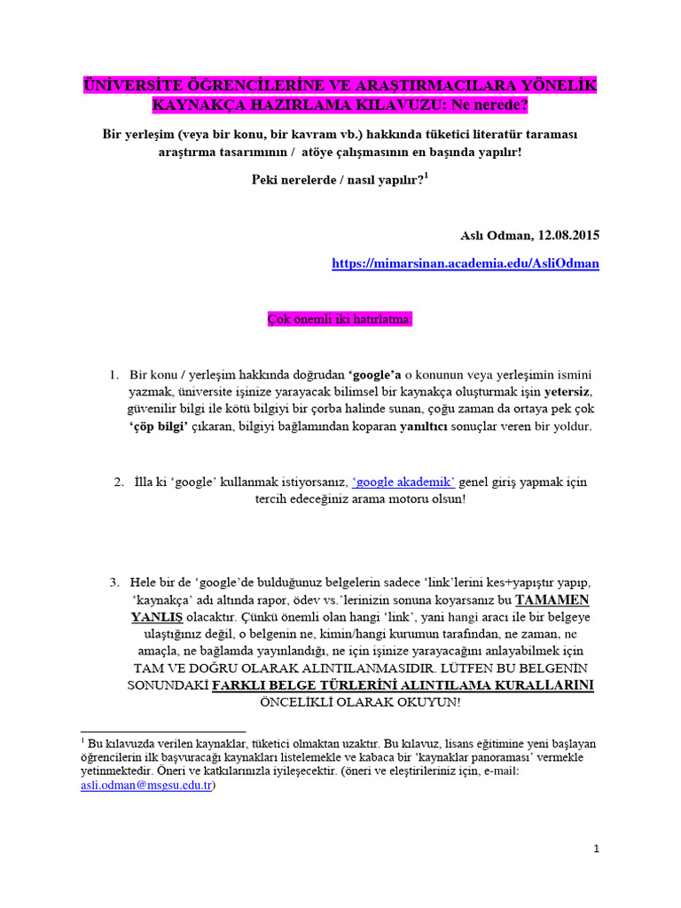 Aslı Odman - Ne, Nerede Ve Kaynakça Hazırlama Kılavuzu | PDF
