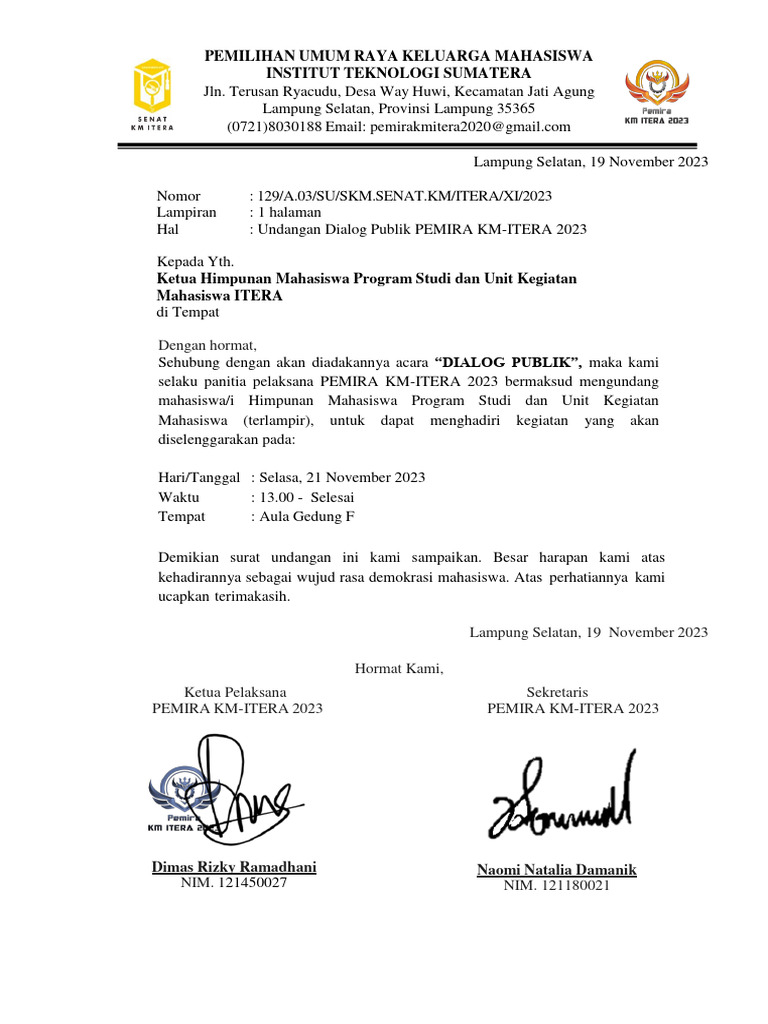 Surat Undangan Dialog Publik PEMIRA KM-ITERA 2023 | PDF