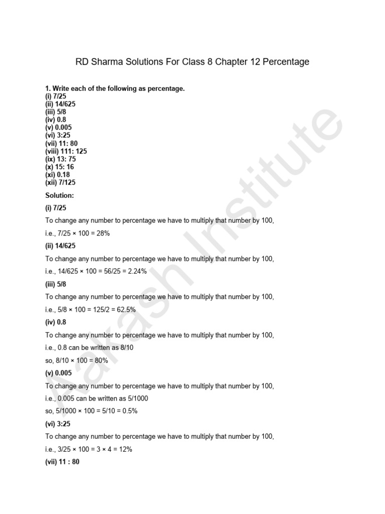 Class 8 Percentage Solutions Guide | PDF | Percentage | Consumption ...