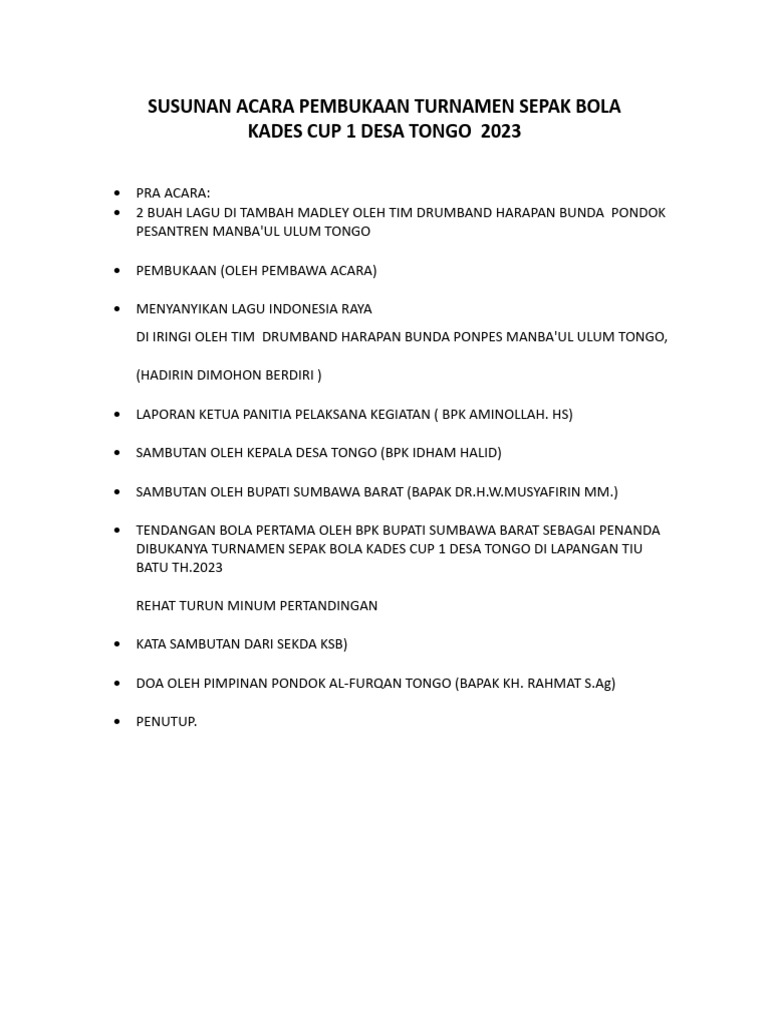 Susunan Acara Pembukaan Turnamen Sepak Bola | PDF | Olahraga & Rekreasi | Perjalanan