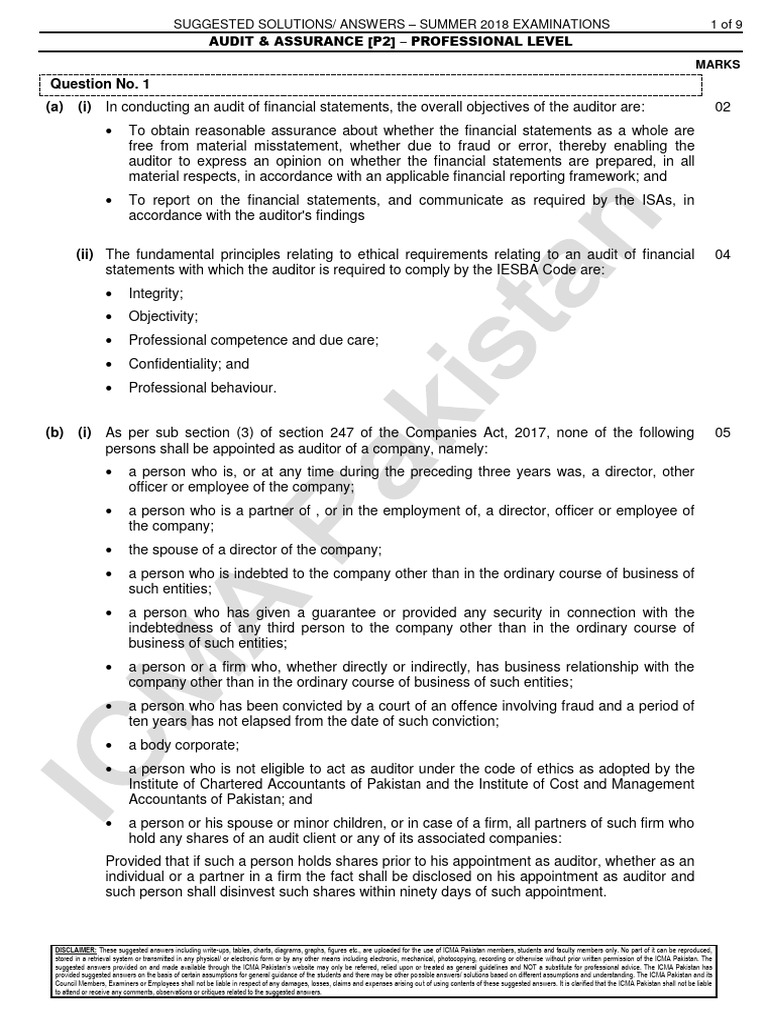 Summer 2018 (May 2018) ICMAP Answer Paper | PDF | Financial Audit | Audit