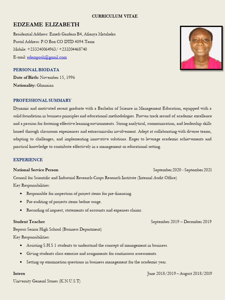 Elizabeth Curriculum Vitae | PDF | Internal Audit | Leadership