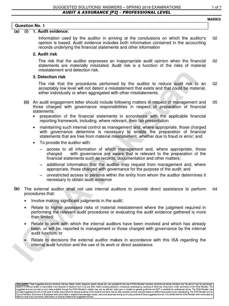 Spring 2018 (August 2018) ICMAP Answer Paper | PDF | Financial Audit ...