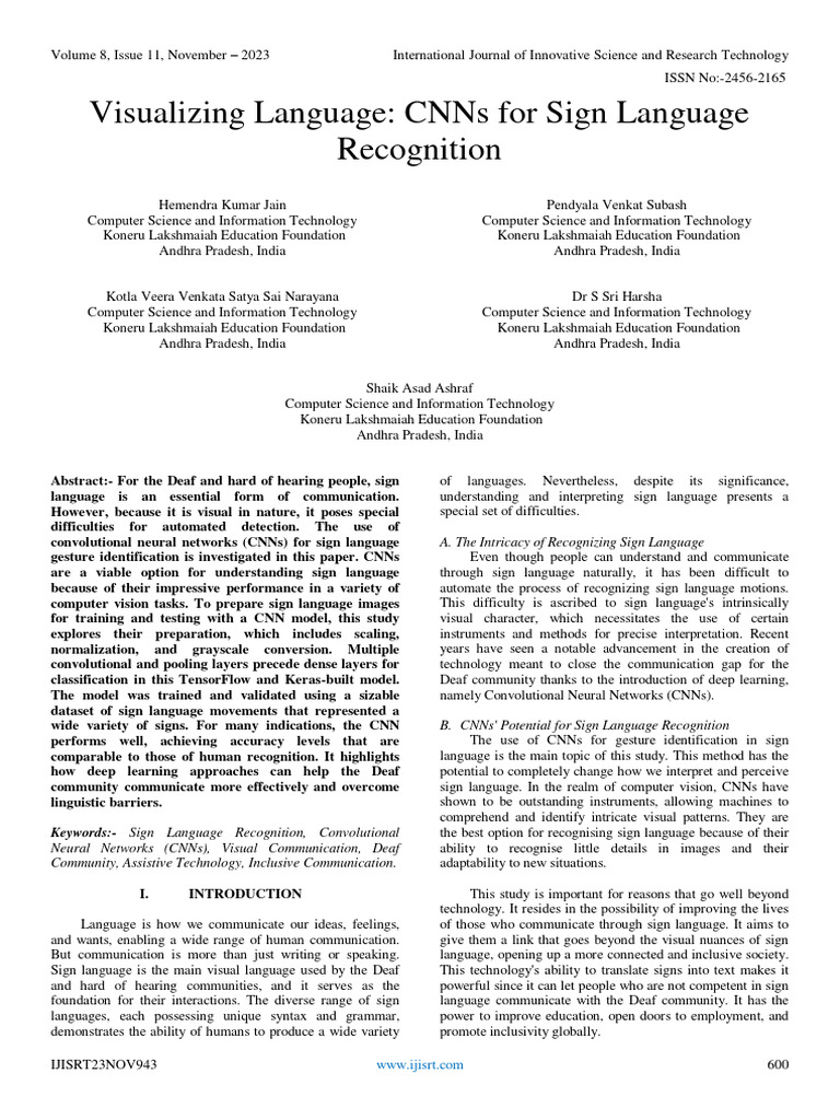 Visualizing Language: CNNs For Sign Language Recognition | PDF | Cognition | Cybernetics