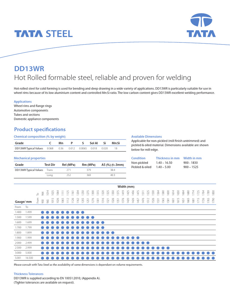 Tata Steel Engineering dd13wr HR Bending Deep Drawing Datasheet en ...