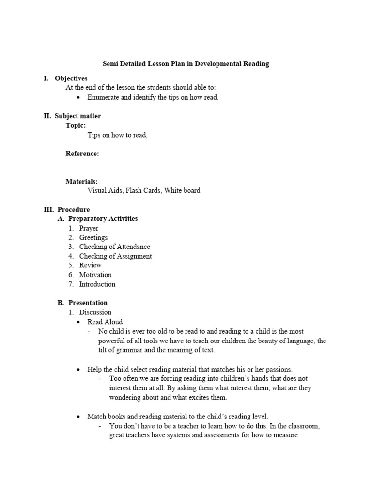 Semi Detailed Lesson Plan in Developmental Reading | PDF | Lesson Plan ...
