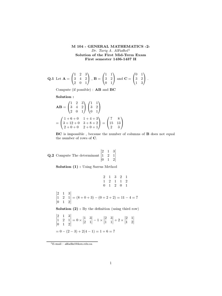 KSU Email Solutions for Mathematics Exams | PDF | Algebra ...