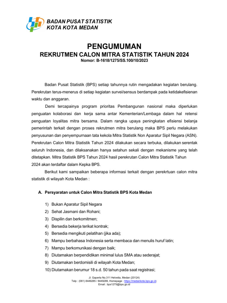 Surat Pengumuman Open Rekrutmen Mitra 2024 BPS Kota Medan | PDF