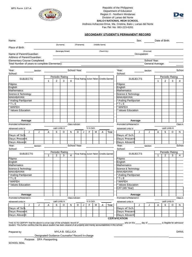 Blank Form 137 | PDF | Observation | Philippines