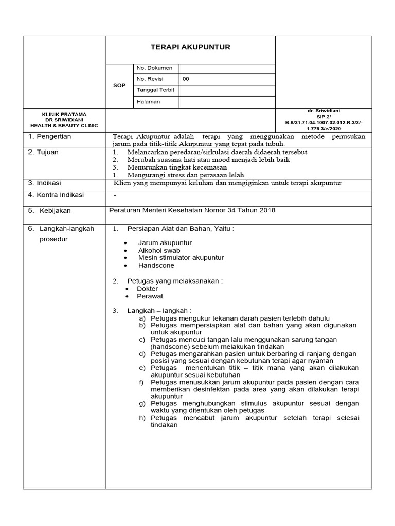 SOP Terapi Akupuntur Klinik Dr. Sriwidiani | PDF