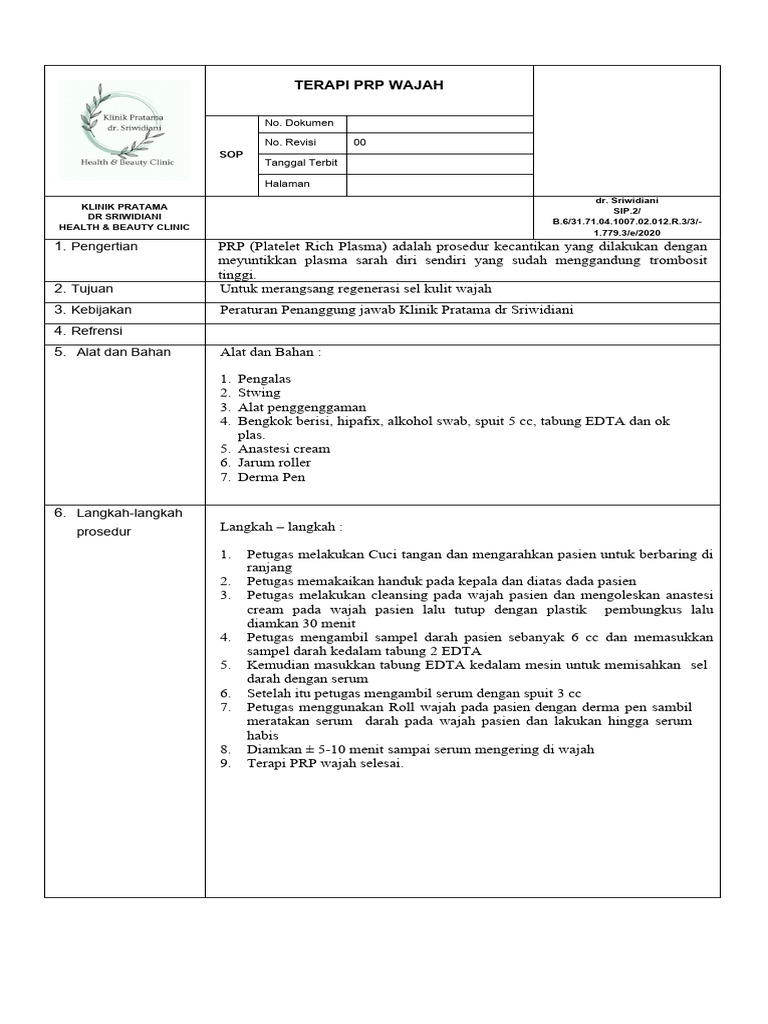 Sop Terapi PRP Wajah | PDF
