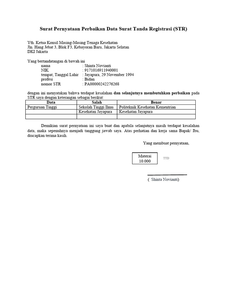 Format Surat Pernyataan Perbaikan Data - SHINTA NOVIANTI | PDF