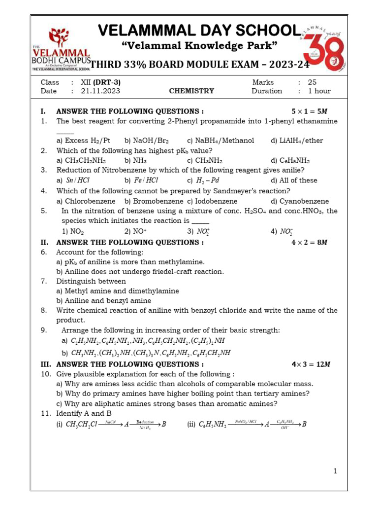 Xii-Board 3RD 33% Chemistry DRT - 3 - 21.11.2023 | PDF | Amine | Organic Chemistry