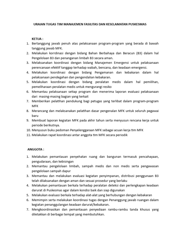 Uraian Tugas Tim Manajemen Fasilitas Dan Keselamatan Puskesmas | PDF