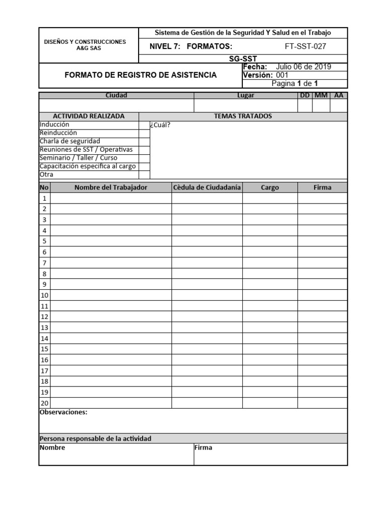 FT-SST-027 Formato de Registro de | PDF FT-SST-027 Formato de Registro de | PDF
