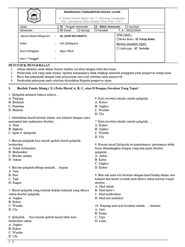 Soal PTS Quran Hadits Kelas 8 Ruhul Ulum | PDF