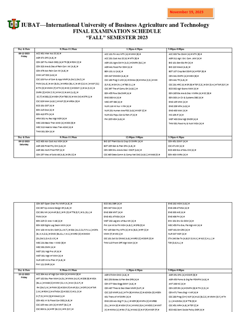 Fall 2023 Final Examination Schedule | PDF | Technology & Engineering