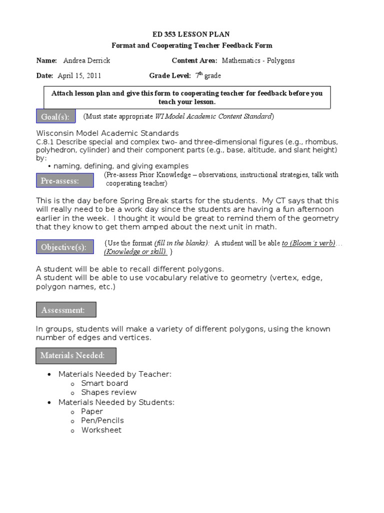 Goal(s) :: (Knowledge or Skill) .) | PDF | Vertex (Geometry) | Polygon