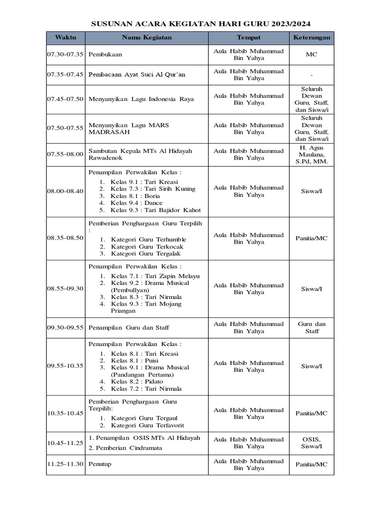 Susunan Acara Kegiatan Hari Guru 2023 | PDF
