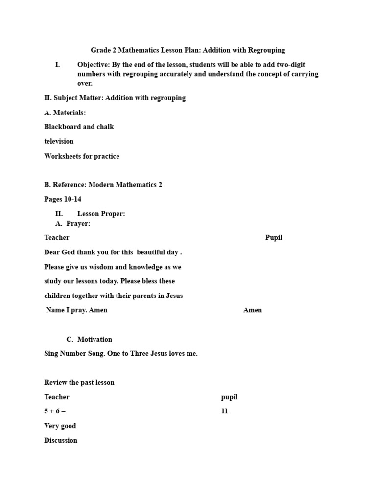 Grade 2 Mathematics Lesson Plan Xc Pdf