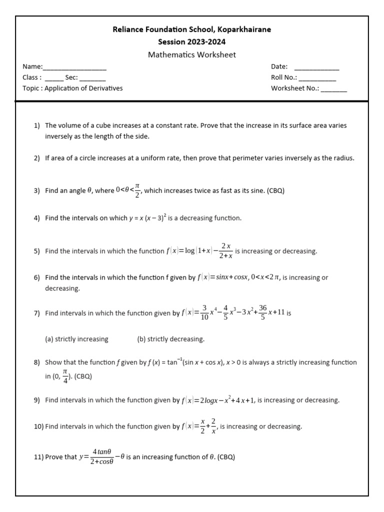 RFS - WS - 12 - CH6 - Application of Derivatives | PDF | Area | Sphere