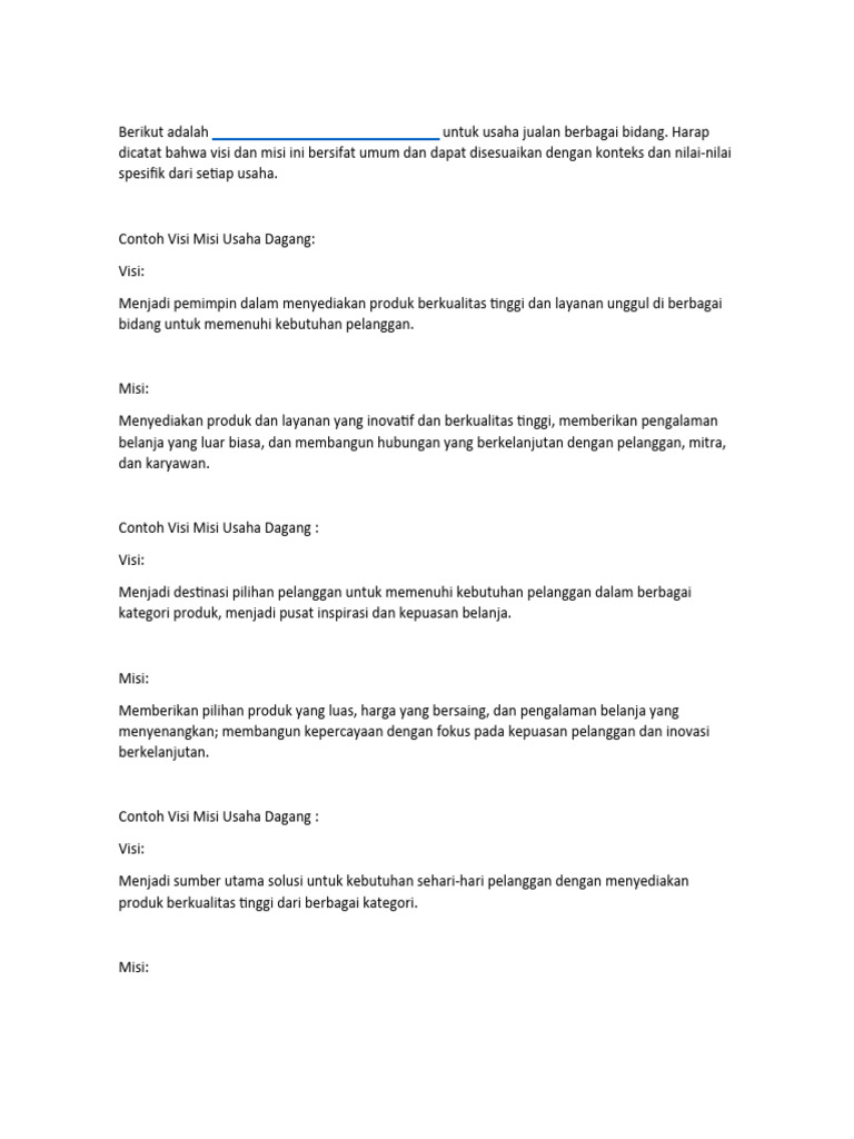 Contoh Visi Misi Usaha Dagang Terbaru | PDF