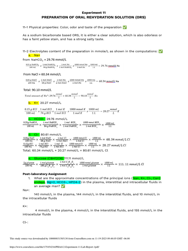 PHA612 Experiment 11 Lab Report 1 PDF | PDF | Diarrhea | Dehydration