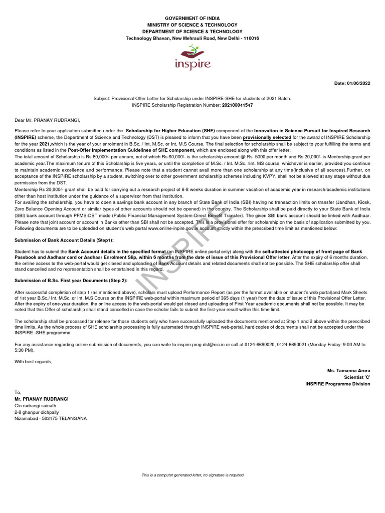 Offer Letter | PDF | Master Of Science | Bachelor Of Science