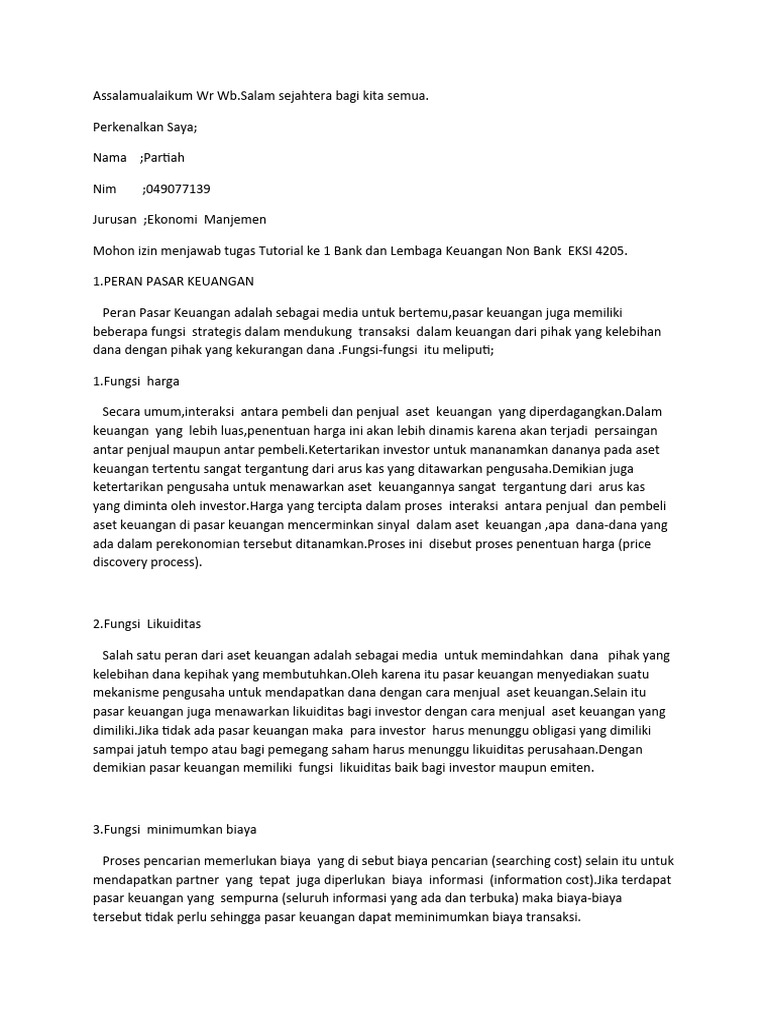 Tugas 1 Bank Dan Lembaga Keuangan Non Bank Eksi 4205 | PDF | Pengelolaan Keuangan & Uang