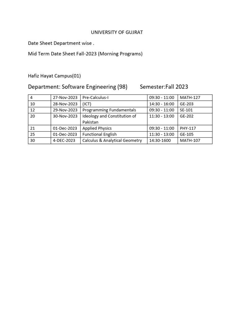 UOG Fall 2023 Mid Term Schedule | PDF | Computers