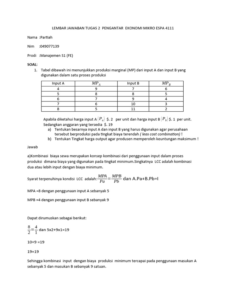 Lembar Jawaban Tugas 2 Pengantar Ekonomi Mikro Espa 4111 | PDF