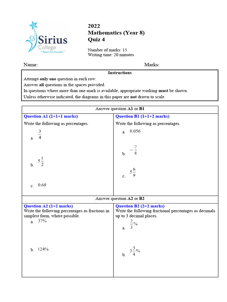 Year 8 Quiz 4 Final | PDF | Percentage | Mathematics