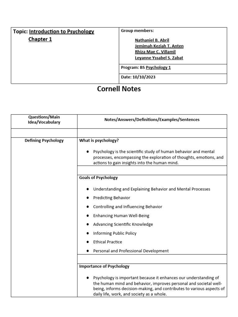 Cornell Note Chapter 1 | Download Free PDF | Psychology | Humanistic ...