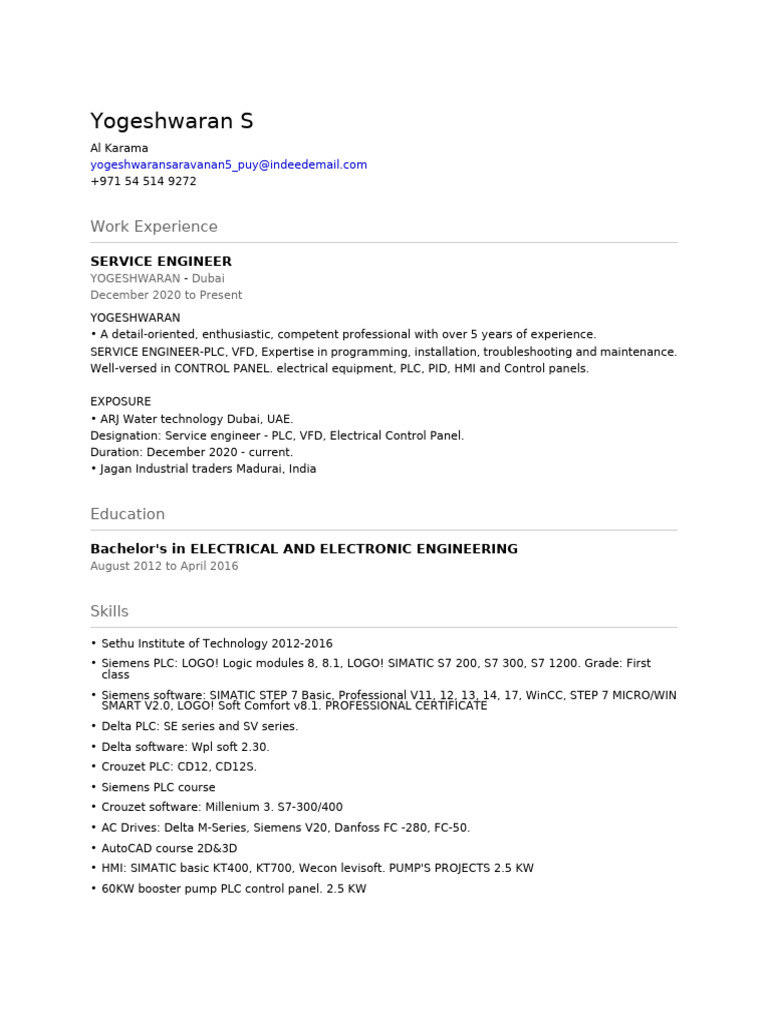 Resume Yogeshwaran S | PDF | Programmable Logic Controller | Boiler