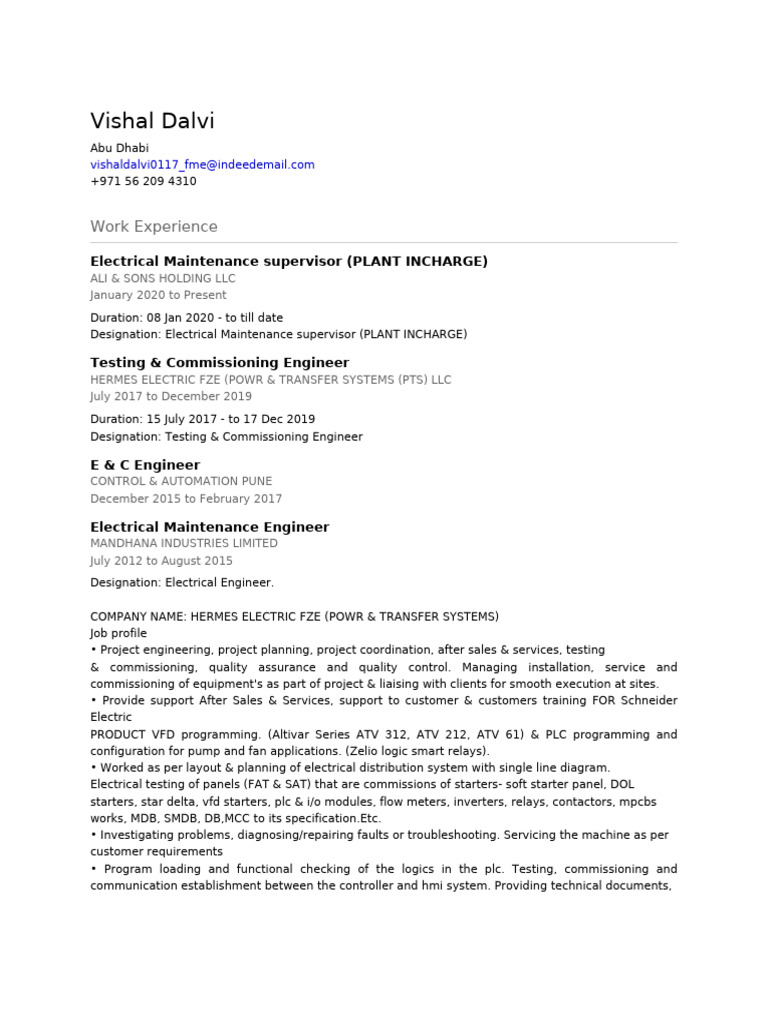 Resume Vishal Dal Vi | PDF | Programmable Logic Controller | Scada