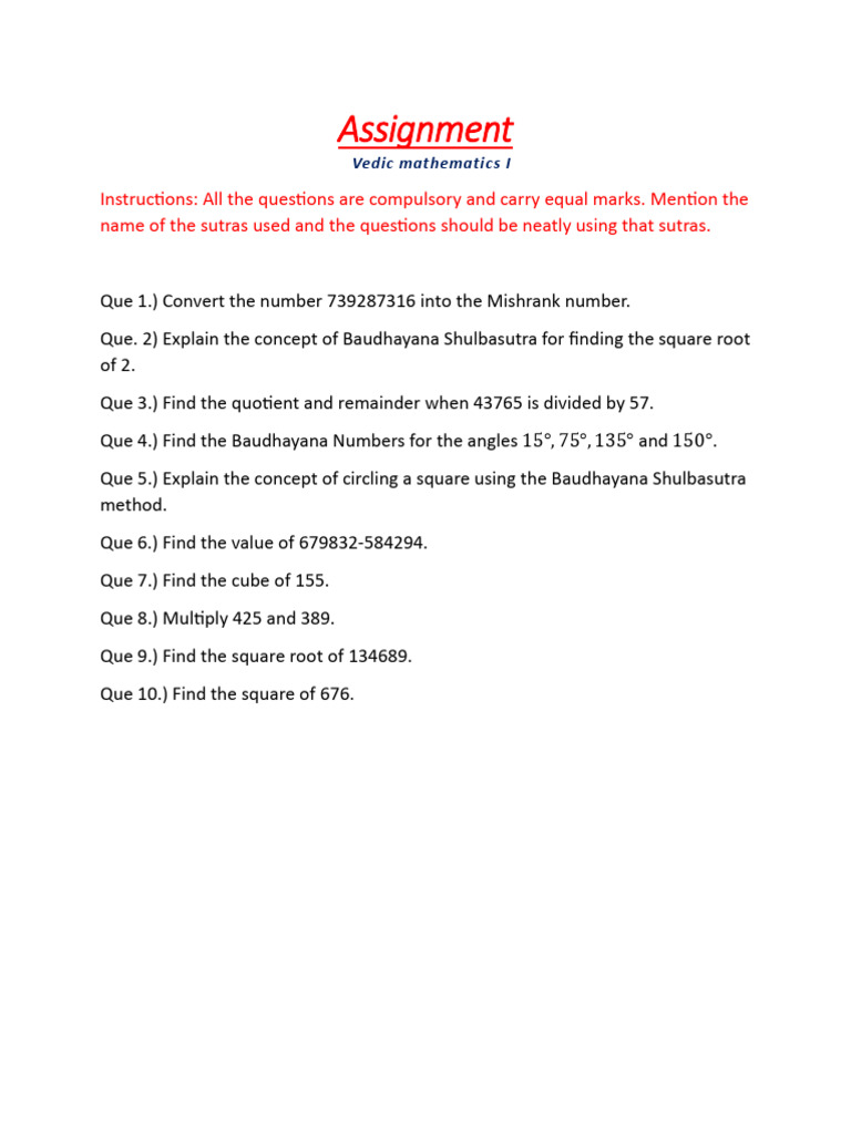 Assignment (Vedic Mathematics I) | PDF