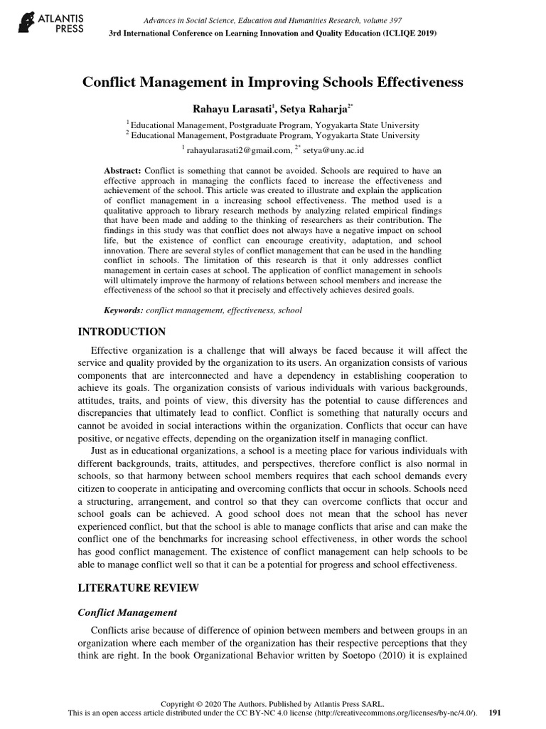 Conflict Management in Improving Schools Effectiveness: Rahayu Larasati, Setya Raharja | PDF ...