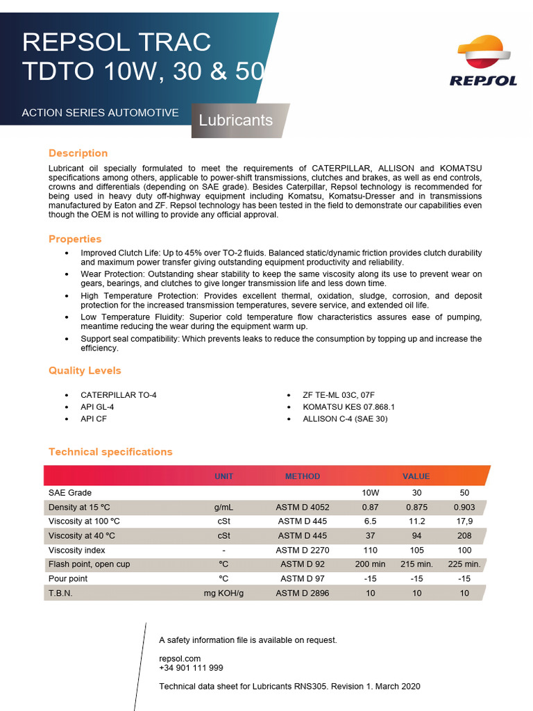 Repsol Trac Tdto 10W 30 50 | PDF | Motor Oil | Viscosity