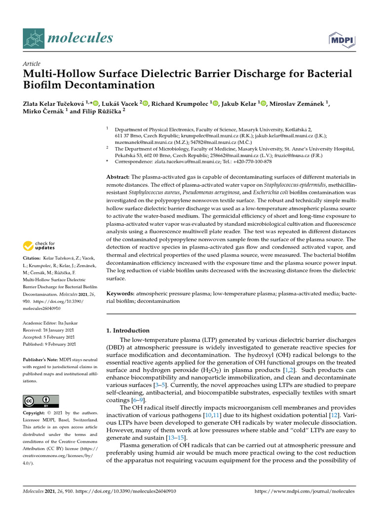 Multi-Hollow Surface Dielectric Barrier Discharge | PDF | Ozone | Water