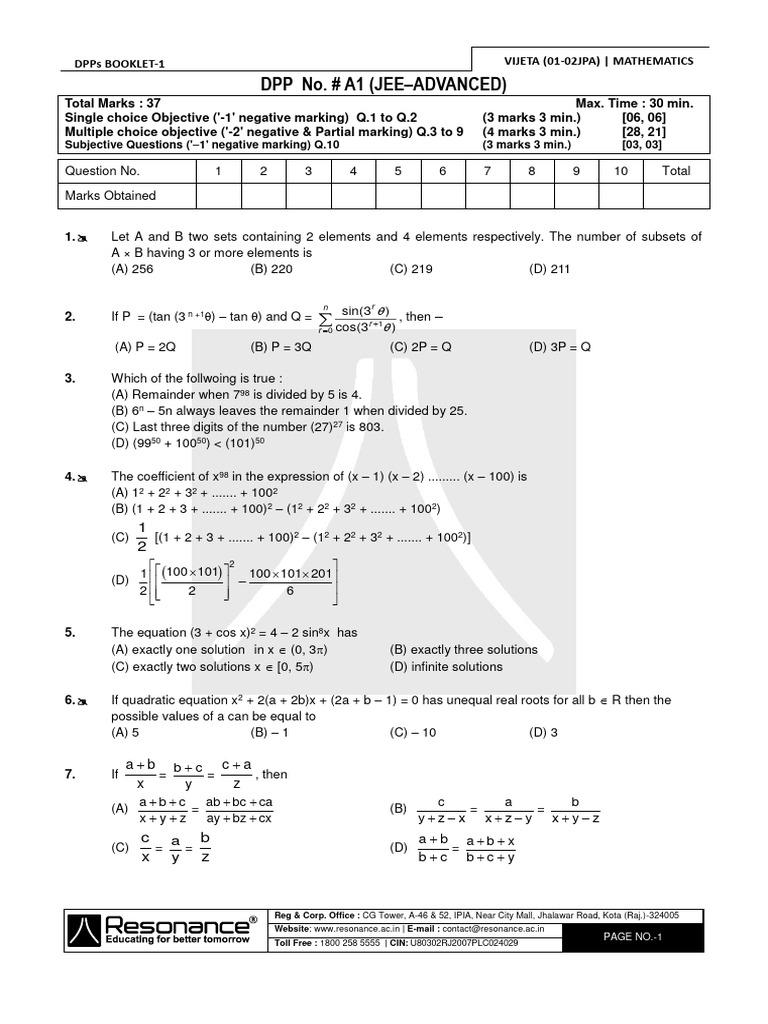 Maths DPP 01-02JPA - A1 - To - A45 | PDF | Mathematical Objects ...