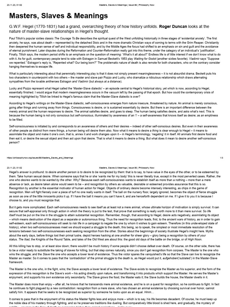 Masters, Slaves & Meanings - Issue 86 - Philosophy Now | PDF | Georg Wilhelm Friedrich Hegel