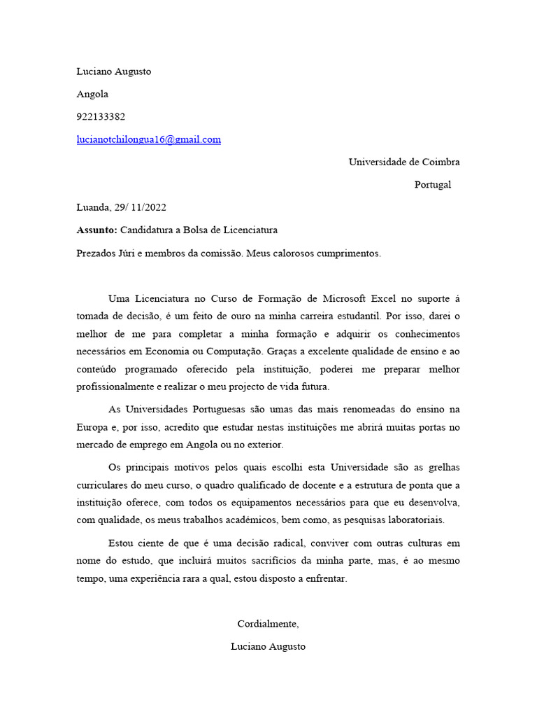 Carta de Motivação Coimbra | PDF