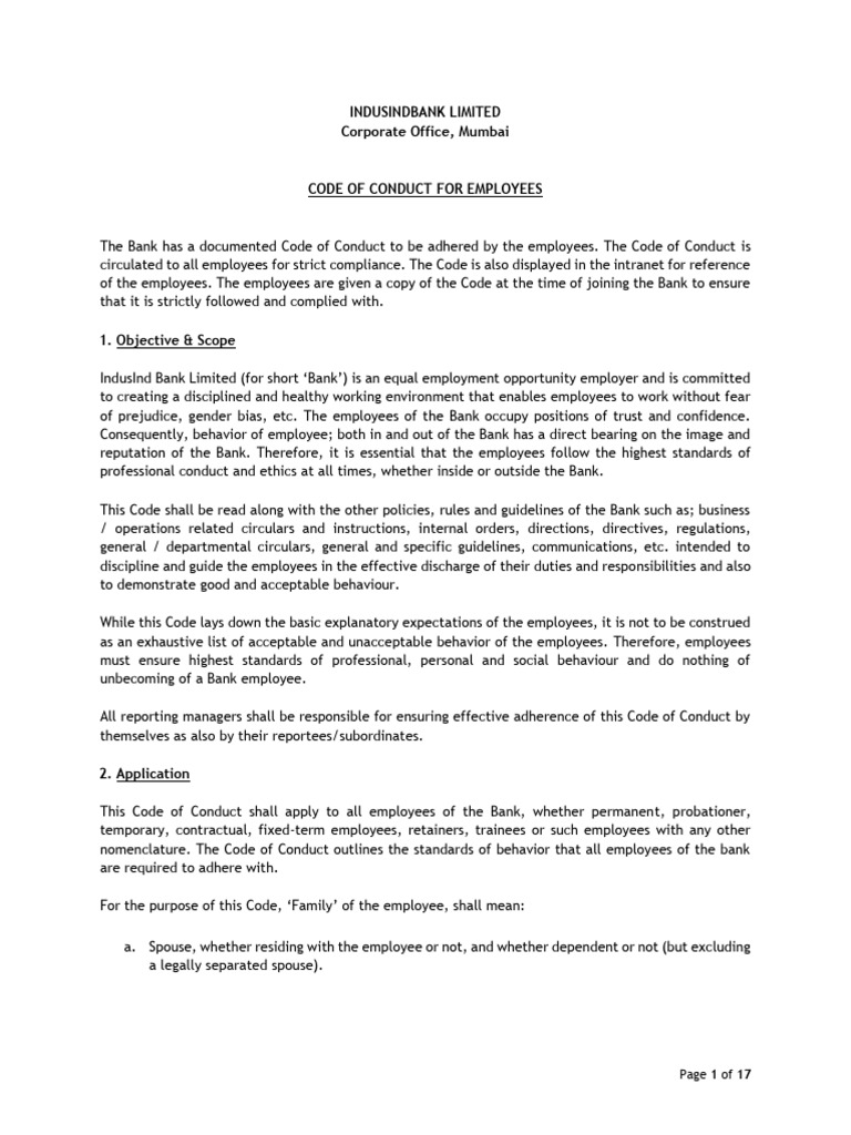 IndusInd Bank Employee Code of Conduct | PDF | Banks | Employment