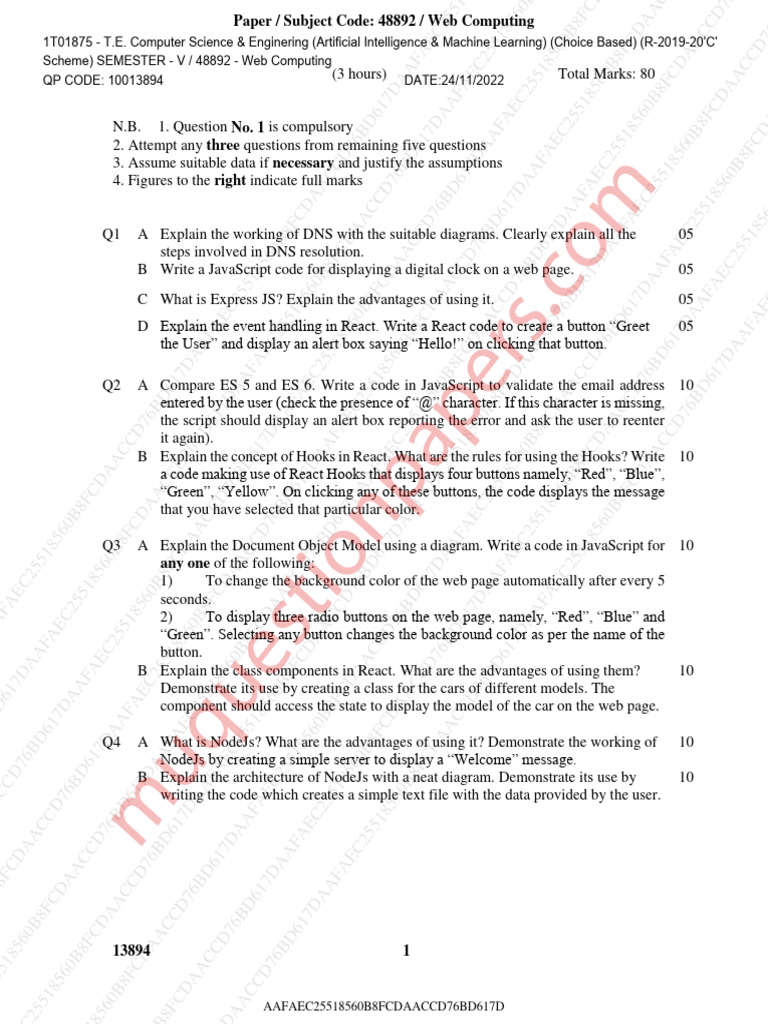 Be - Computer Engineering Ai, DS, ML - Semester 5 - 2022 - December - Web Computing Rev 2019 C ...
