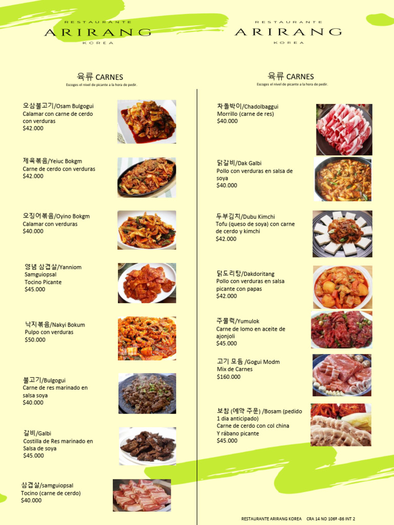 Menú del Restaurante Arirang Corea | PDF | Cocina coreana | Sopa